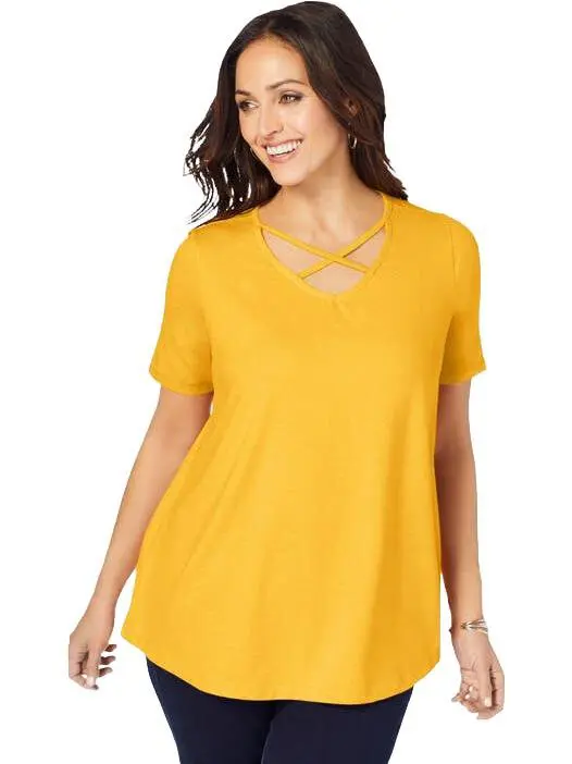 JESSICA LONDON Stretch Cotton Crisscross Strap Tee - Sunset Yellow