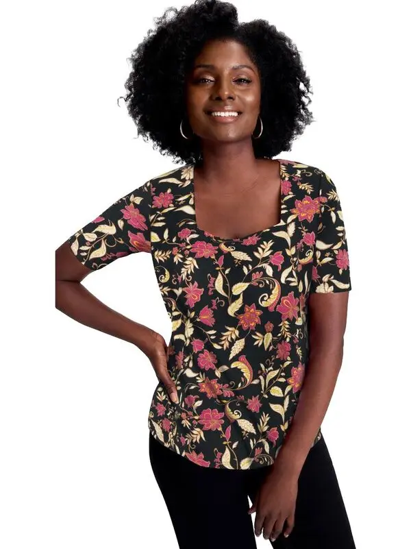JESSICA LONDON Stretch Cotton Square Neck Tee - Black Tapestry Batik