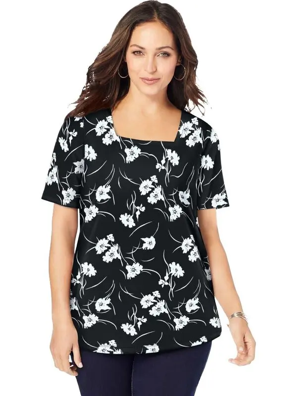 JESSICA LONDON Stretch Cotton Square Neck Tee - Black Tossed Floral