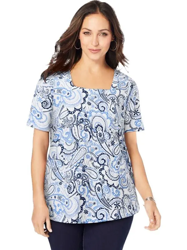 JESSICA LONDON Stretch Cotton Square Neck Tee - Blue Pretty Paisley