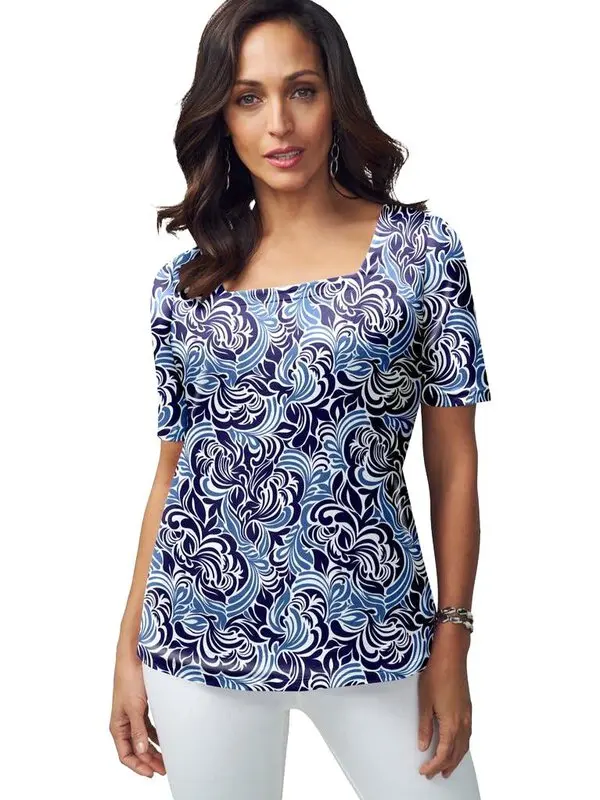 JESSICA LONDON Stretch Cotton Square Neck Tee - Blue Scroll