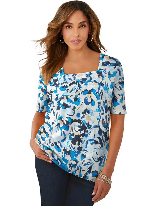 JESSICA LONDON Stretch Cotton Square Neck Tee - Blue Watercolor Petals