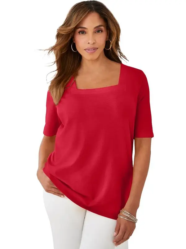 JESSICA LONDON Stretch Cotton Square Neck Tee - Classic Red