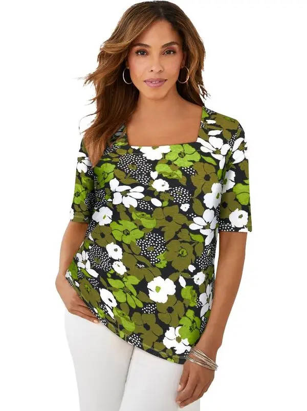 JESSICA LONDON Stretch Cotton Square Neck Tee - Dark Lime Layered Flowers