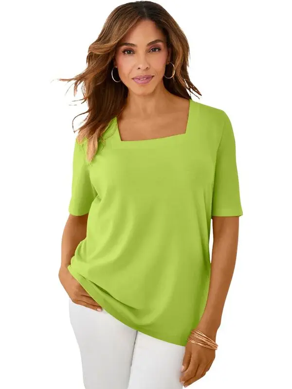 JESSICA LONDON Stretch Cotton Square Neck Tee - Dark Lime