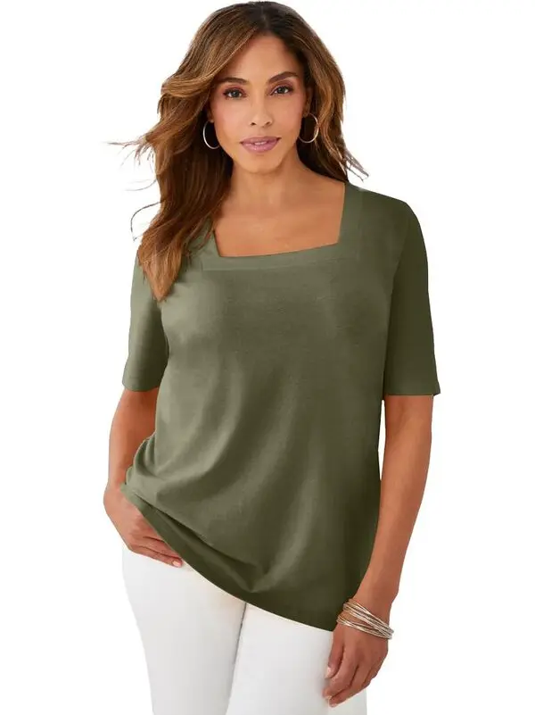 JESSICA LONDON Stretch Cotton Square Neck Tee - Dark Olive Green