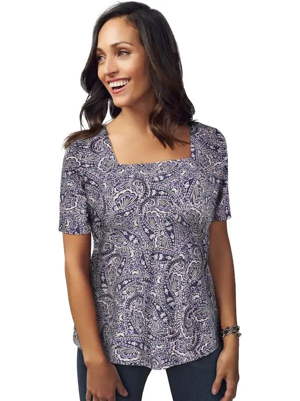 JESSICA LONDON Stretch Cotton Square Neck Tee - Deep Dusk Paisley