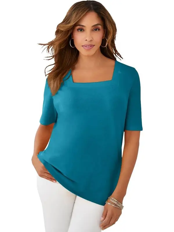 JESSICA LONDON Stretch Cotton Square Neck Tee - Deep Teal