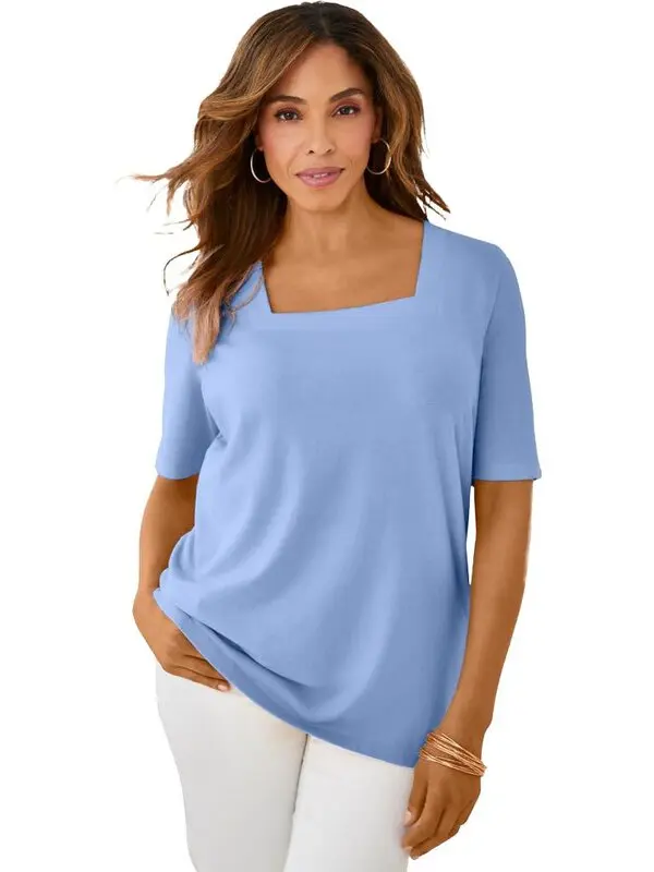 JESSICA LONDON Stretch Cotton Square Neck Tee - French Blue