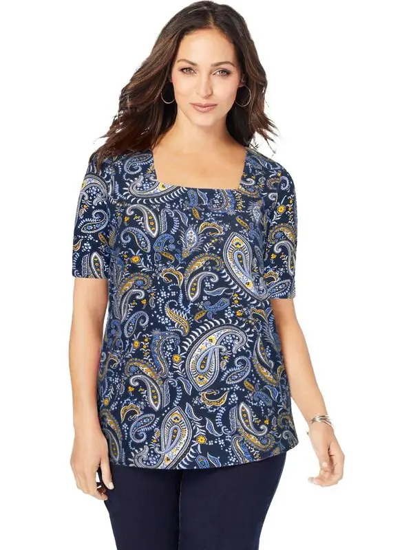 JESSICA LONDON Stretch Cotton Square Neck Tee - Navy Paisley