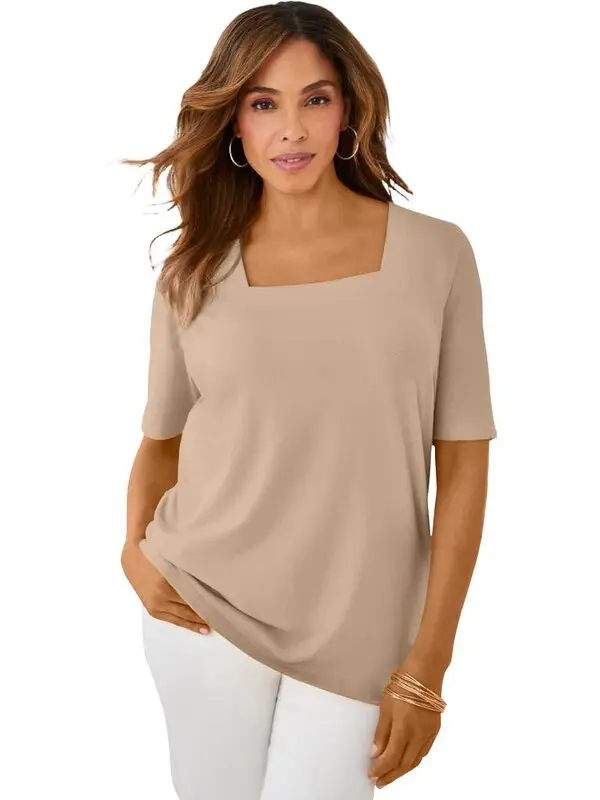 JESSICA LONDON Stretch Cotton Square Neck Tee - New Khaki