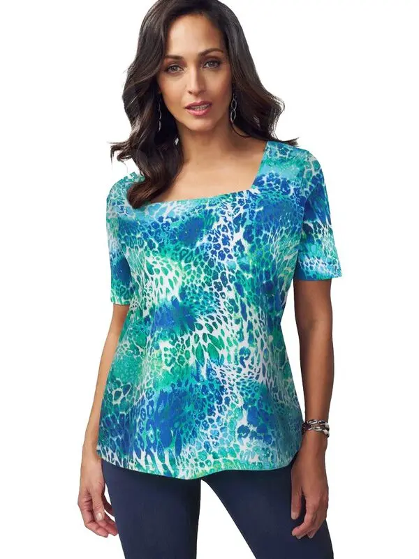 JESSICA LONDON Stretch Cotton Square Neck Tee - Ocean Print