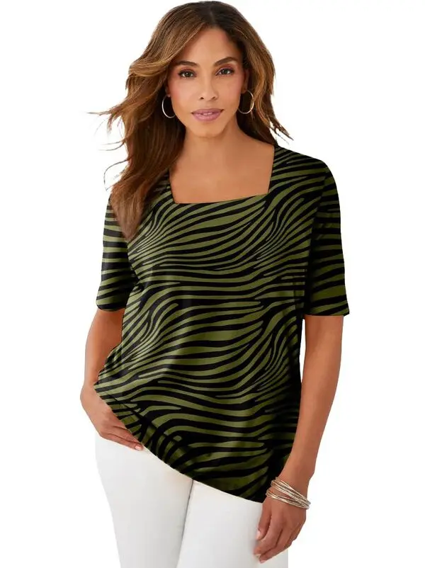 JESSICA LONDON Stretch Cotton Square Neck Tee - Olive Drab Zebra