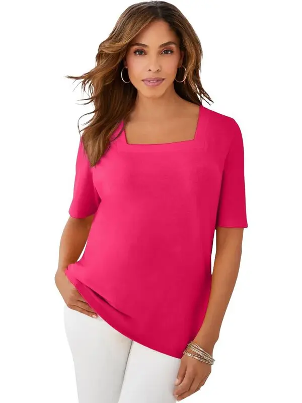 JESSICA LONDON Stretch Cotton Square Neck Tee - Pink Burst
