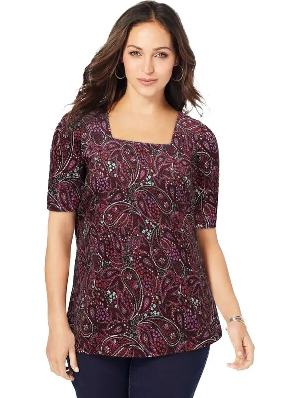 JESSICA LONDON Stretch Cotton Square Neck Tee - Rich Burgundy Garden Paisley