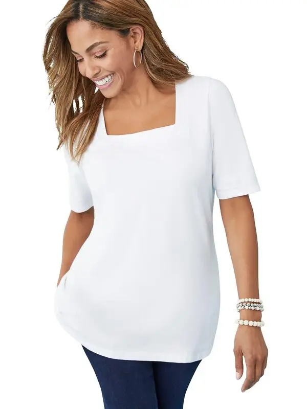 JESSICA LONDON Stretch Cotton Square Neck Tee - White