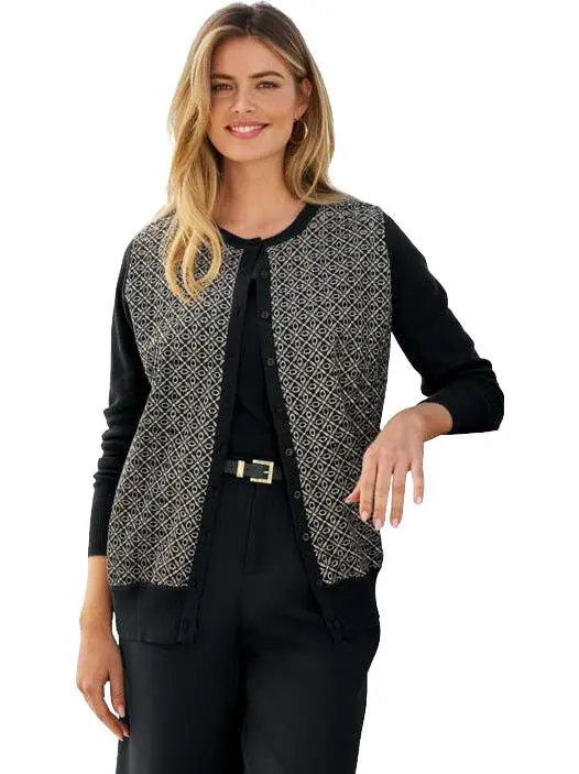 JESSICA LONDON Fine Gauge Eyelet Cardigan - Black Gold