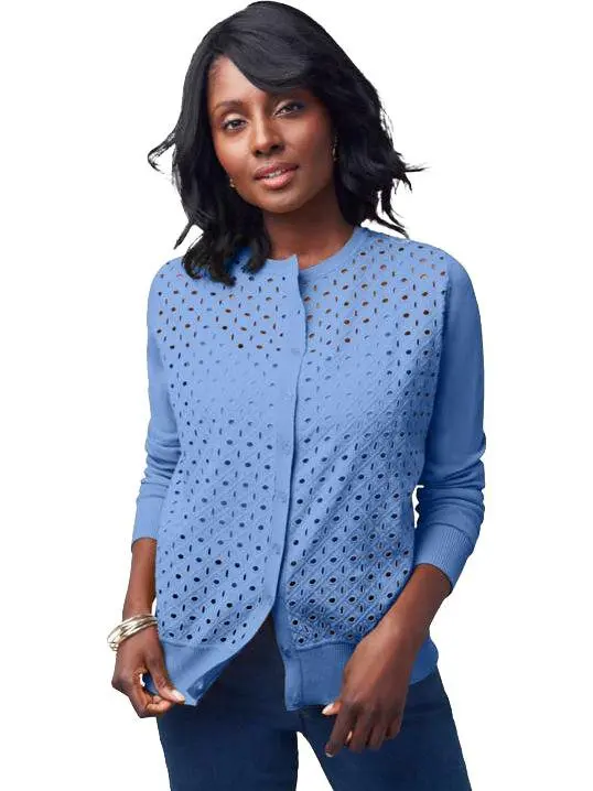 JESSICA LONDON Fine Gauge Eyelet Cardigan - French Blue