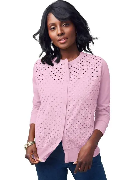 JESSICA LONDON Fine Gauge Eyelet Cardigan - Pink