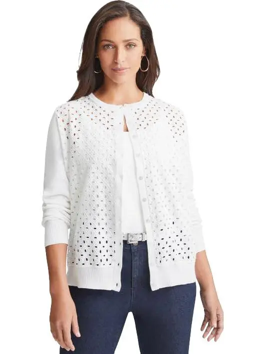 JESSICA LONDON Fine Gauge Eyelet Cardigan - White