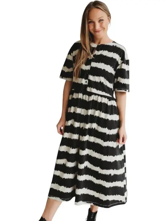 TURTLEDOVE LONDON Organic Cotton Matilda Wavy Stripe Midi Dress - Black