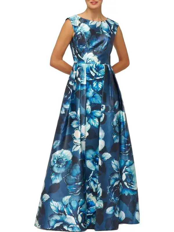 KAY UNGER Kate Floral Layered Mikado Gown - Dark Ink Multi