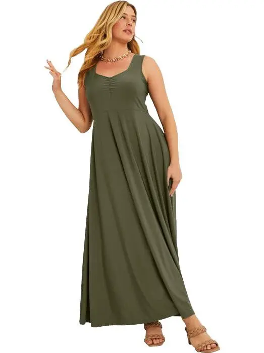 JUNE + VIE Sleeveless Sweetheart Maxi Dress - Dark Olive Green