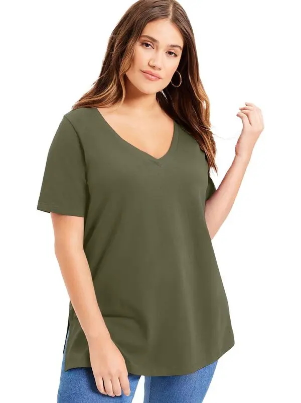 JUNE + VIE Short-sleeve V-neck Tunic - Dark Olive Green