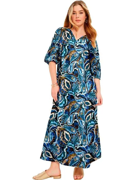 JUNE + VIE Boho Maxi Dress - Blue Painterly Leaves