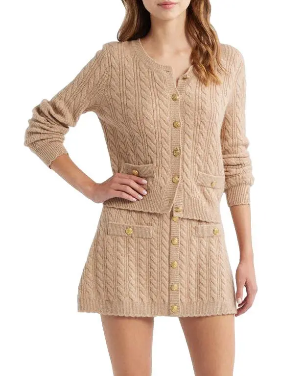 LoveShackFancy Eugenie Cable Knit Cashmere & Wool Cardigan - Camel Melange