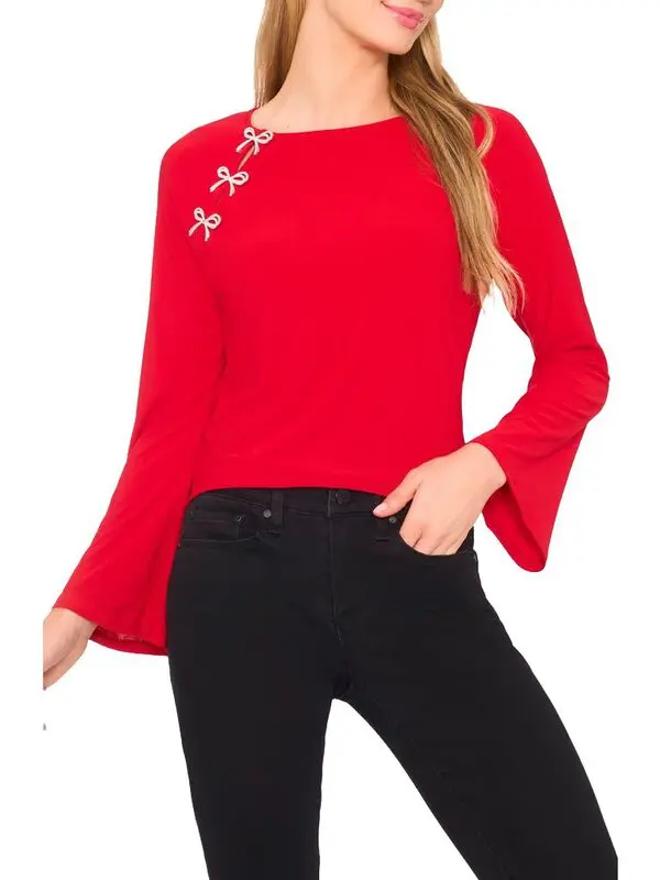 CECE DUPRAZ Pearly Bow Knit Top - Luminous Red