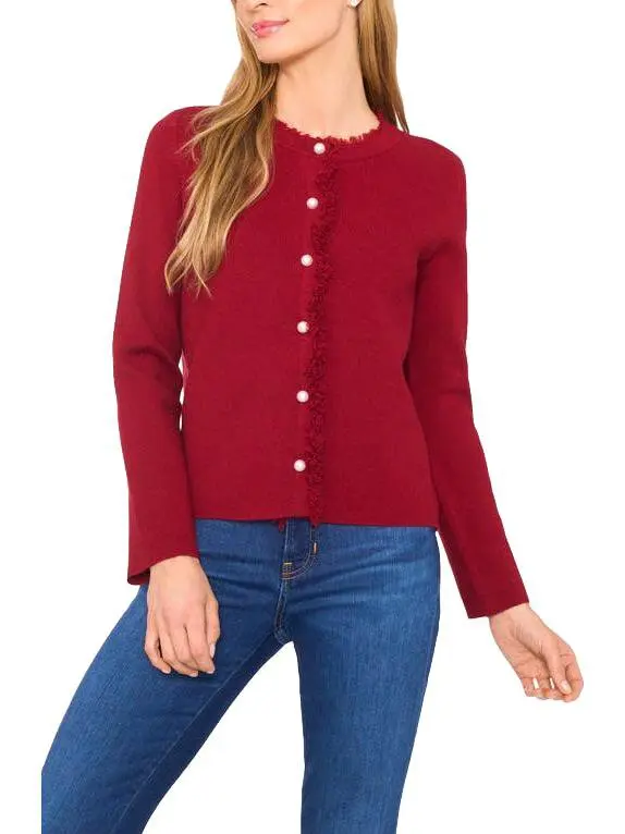 CECE DUPRAZ Fringe Trim Pearly Button Cardigan - Mulberry Red