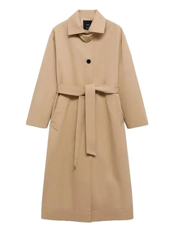 Mango Belted Water Repellent Long Trench Coat - Medium Brown