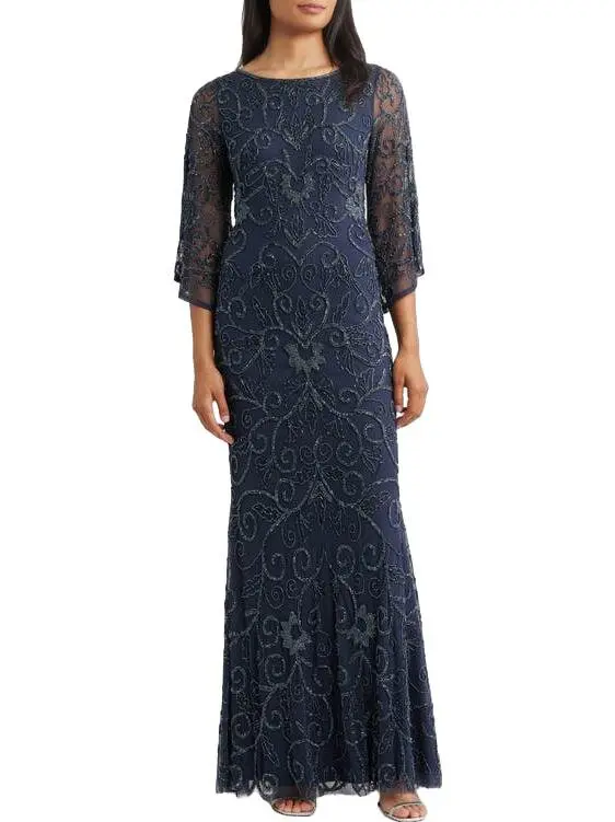 Pisarro Nights Beaded Three Quarter Sleeve Gown - Slate