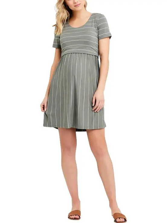 RIPE MATERNITY Nursing Stripe Dress - Olive/white