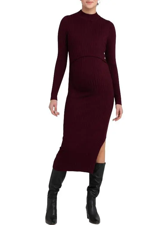RIPE MATERNITY Nella Long Sleeve Ribbed Midi Dress - Maroon