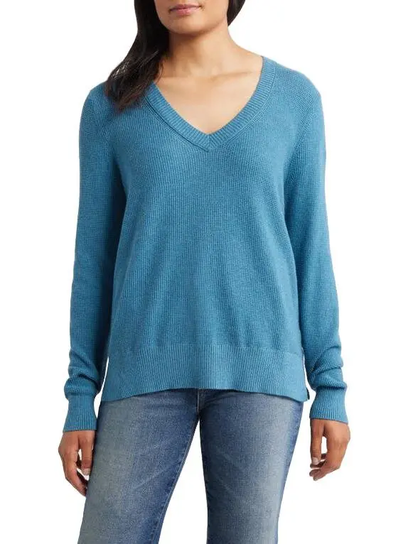 NIC+ZOE Waffle Stitch V-neck Pullover Sweater - Peacock