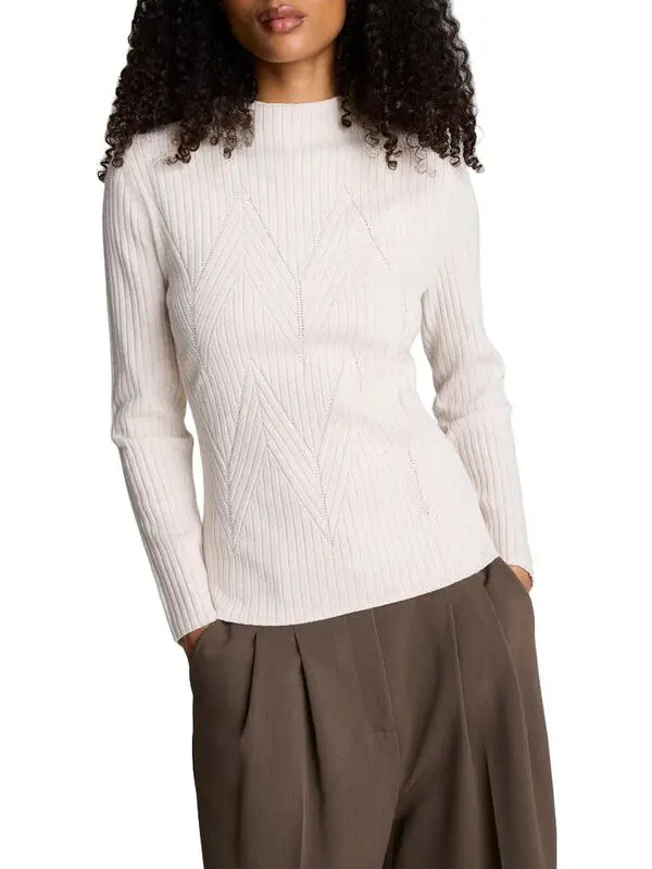 KENNETH COLE Mock Neck Chevron Rib Sweater - Almond Milk Heather
