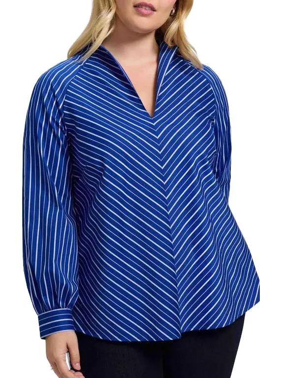 Foxcroft Striped Cotton Blend Pullover Shirt - Blue/white