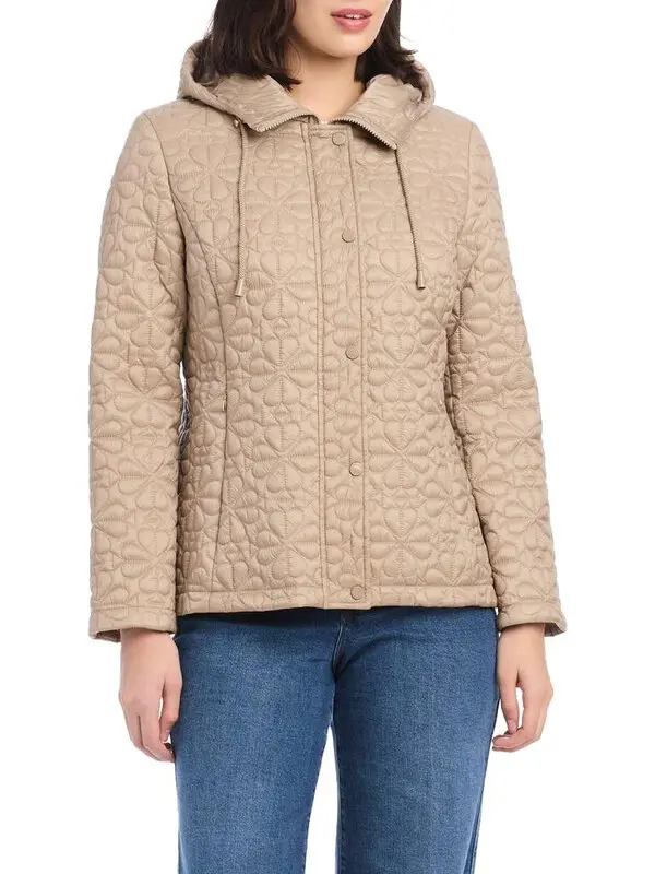 Kate Spade New York Water Resistant Hooded Floral Quilted Jacket - Timeless Taupe
