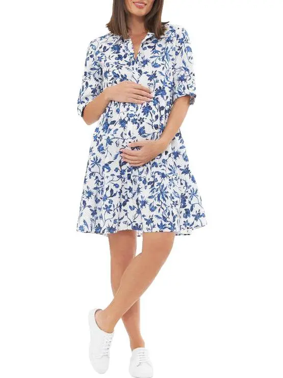 RIPE MATERNITY Bella Linen Shirt Dress - White/lapis