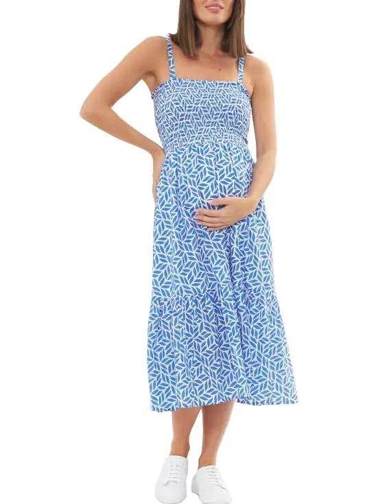 RIPE MATERNITY Capri Shirred Dress - White/lapis