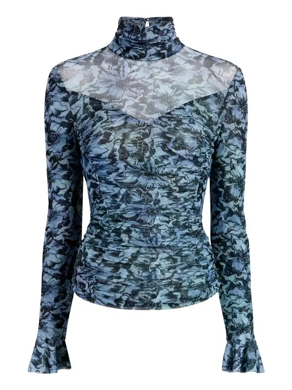 Cinq À Sept Floral-print High-neck Top - Blue