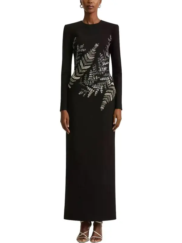 Oscar De La Renta Fern-embroidered Long-sleeve Gown - Black