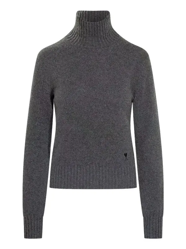 Ami Heart-embroidered Turtleneck Sweater - Grey