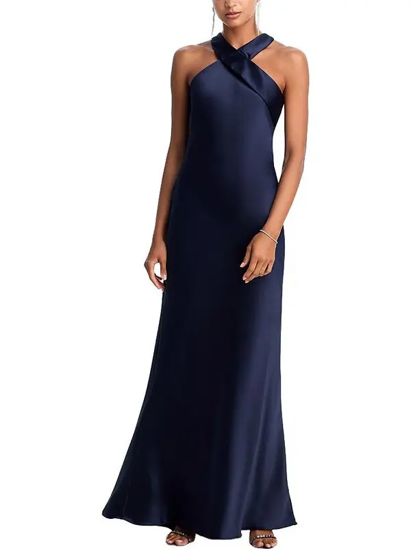 Aqua Sleeveless Satin Gown - Navy