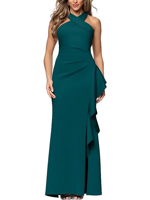 Aqua Scuba Ruffle Halter Gown Exclusive - Hunter