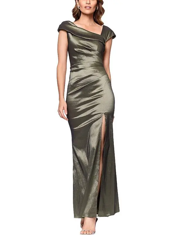 Aqua Asymmetric Cap Sleeve Gown - Olive