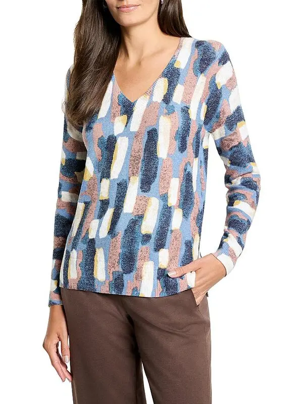 NIC+ZOE Brushstroke Waffle V-neck Sweater - Neutral Multi