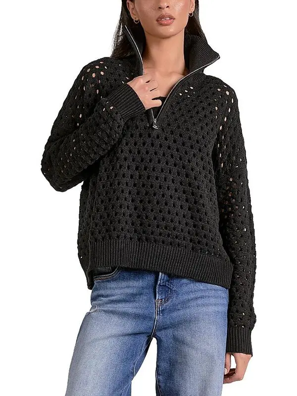 Elan Open Knit Half Zip Pullover - Black